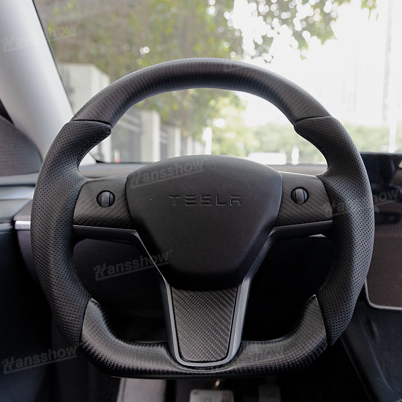 Glossy Real Tesla Model 3 Y Carbon Fiber Steering Wheel|Hansshow