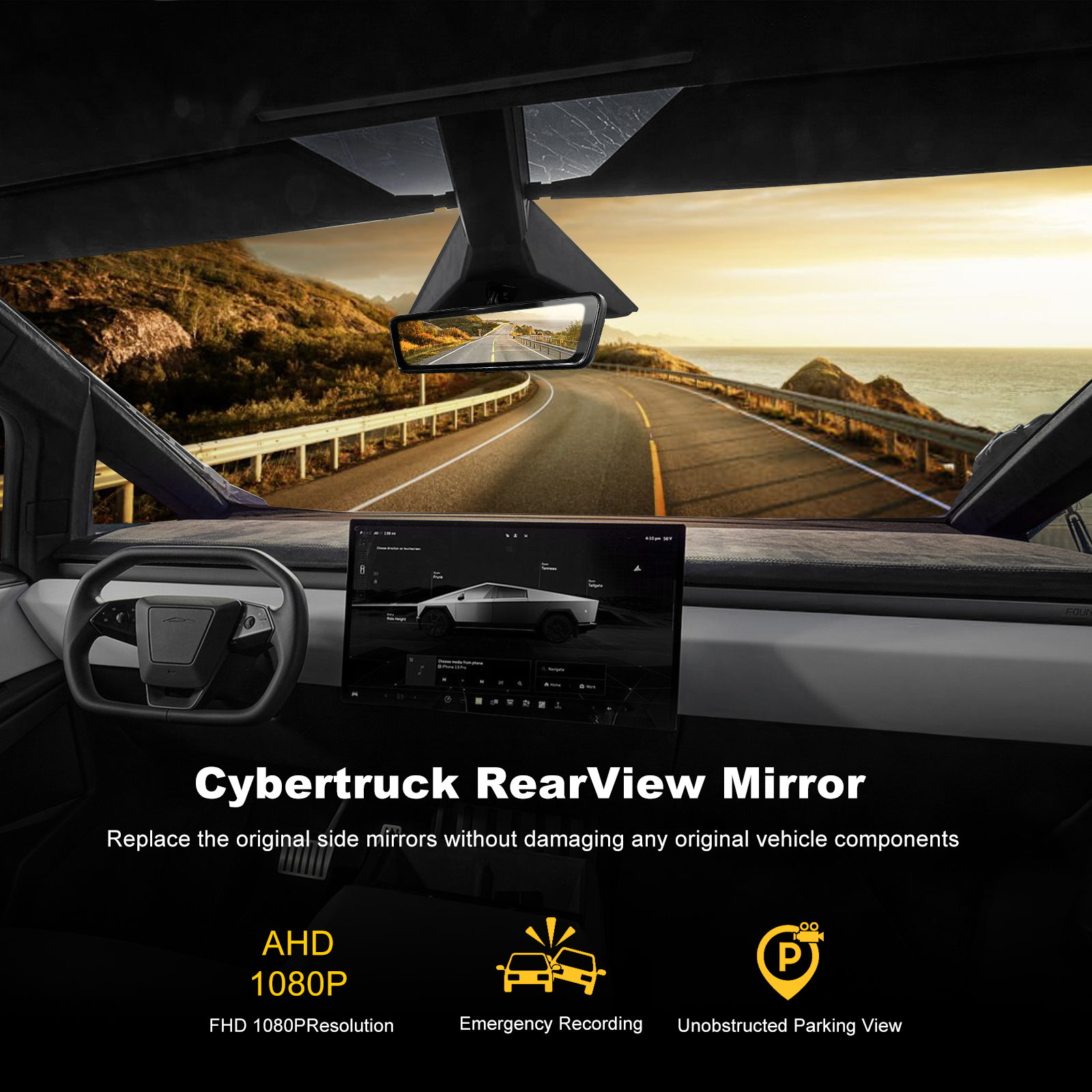 Cybertruck RearView Mirror 8.2" Dashcam Live Streaming Roof-Mounted Ca ...