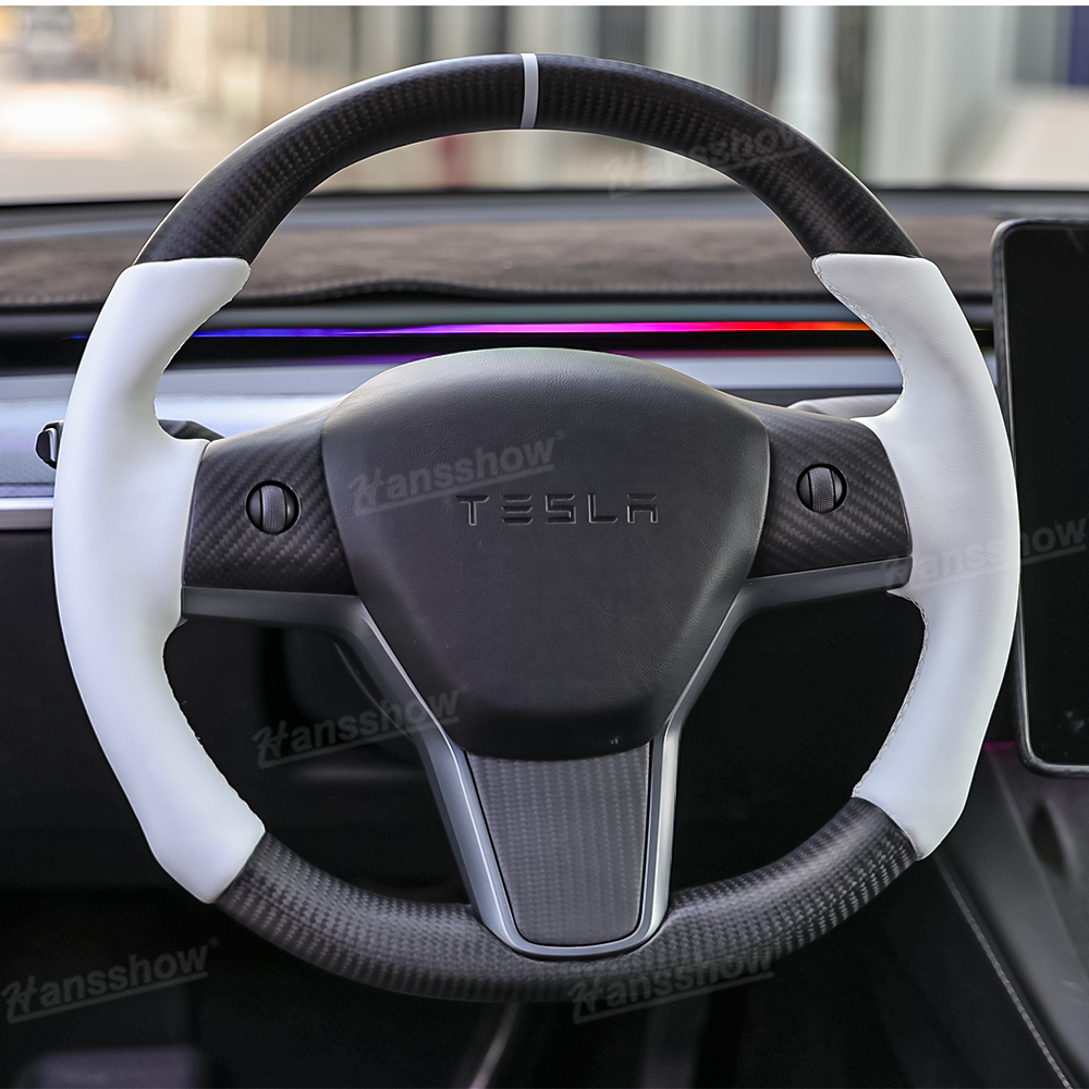 Tesla Model Y/3 Real Carbon Fiber Round Steering Wheel White Nappa Lea ...